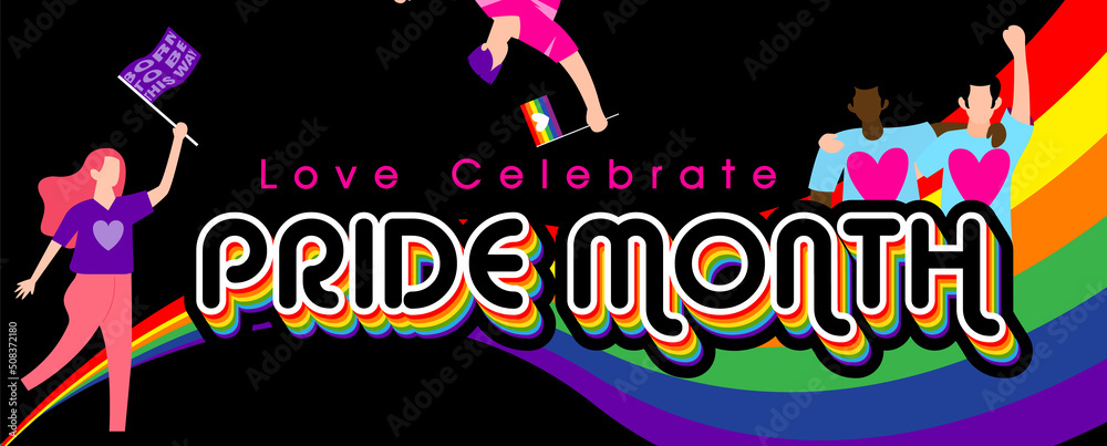 Group of peoples dancing happily on 6 colors bar of Pride flag (symbols ...