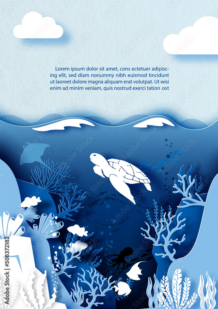 Card and poster scene of under the sea and ocean in layers paper cut ...