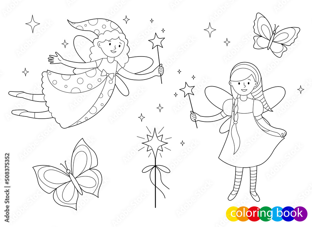 Fairy-tale fairies with magic wands for design element kids coloring ...