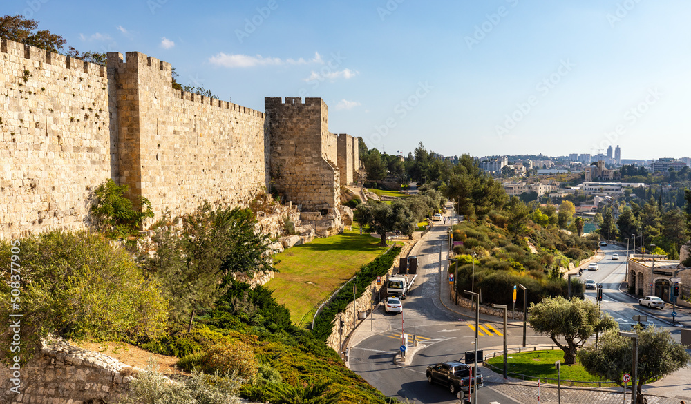 Walls and flanks of Tower Of David citadel with Old City walls over ...