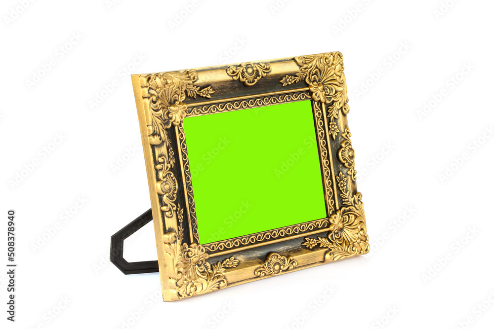 Gold frame with green screen isolated on white background with clipping ...