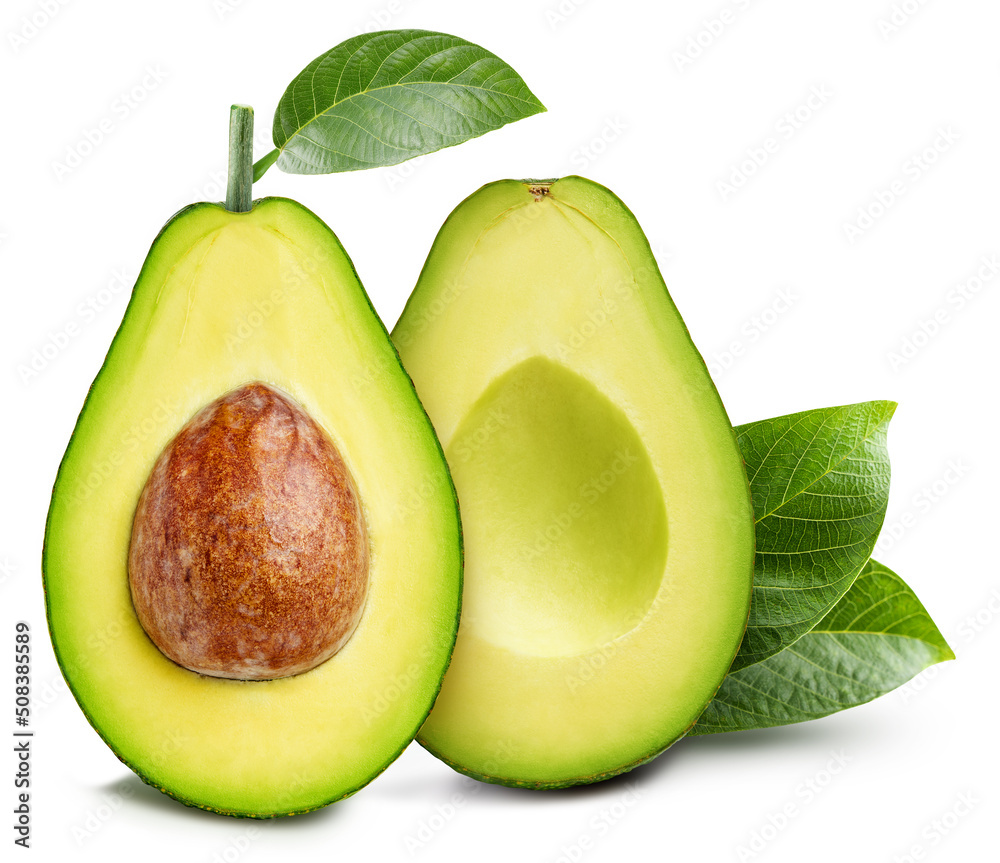 Fresh avocado whole and cut in half with leaf isolated on white ...