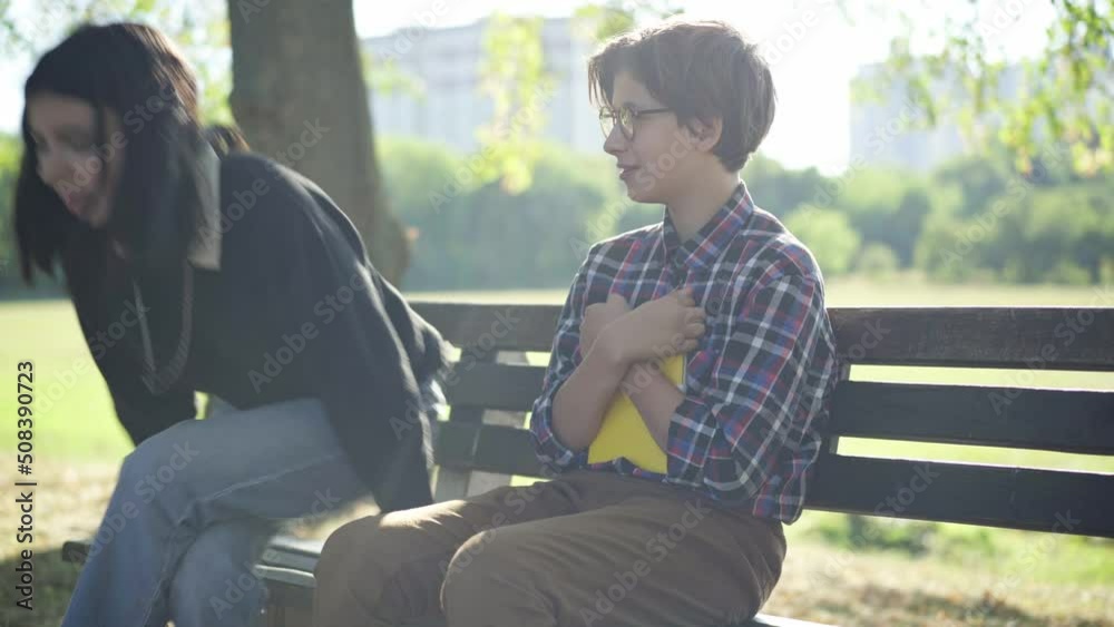 Shy nerd teenage boy talking to girl ignoring classmate and leaving ...