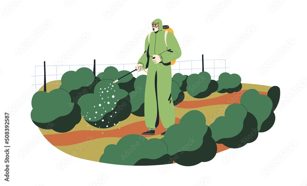 Farm worker spraying insecticide, chemical fertilizer with sprayer ...