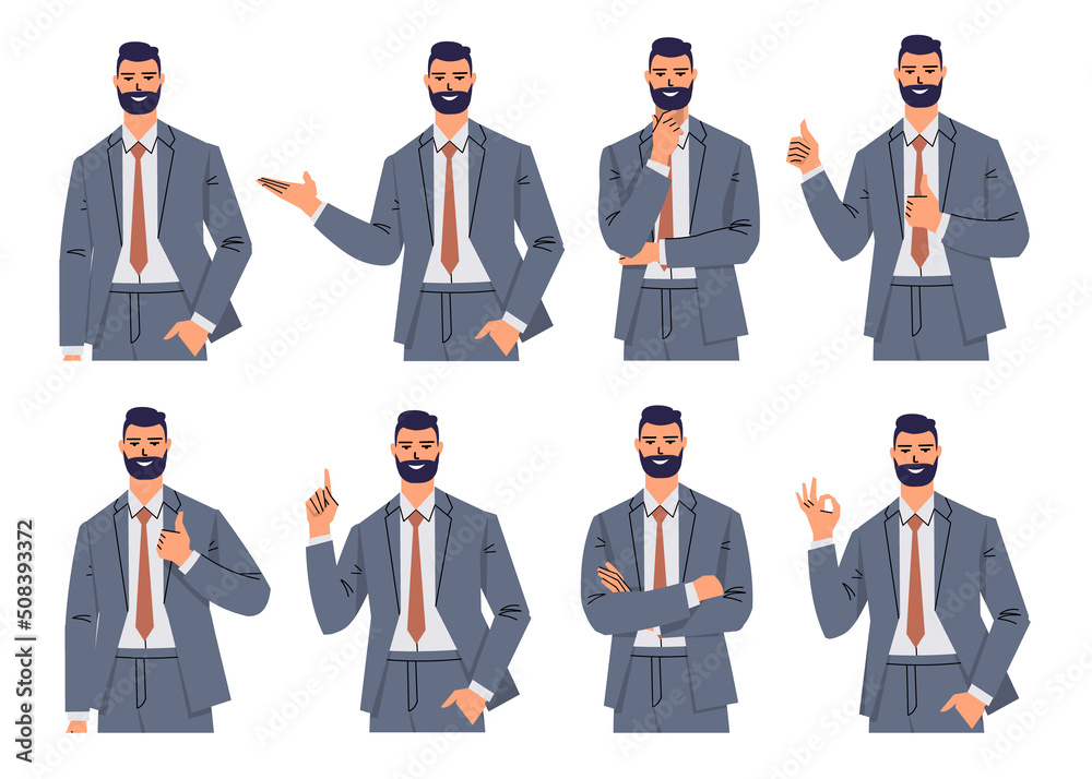 Set of portraits of businessmen in different poses and with gestures ...