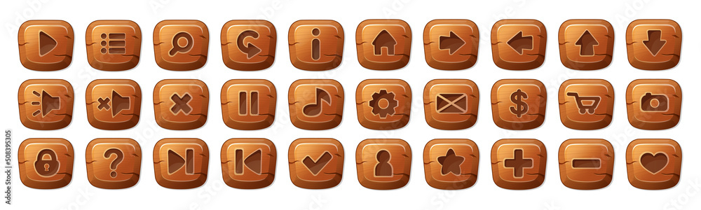 Set of square wooden buttons in cartoon style. an asset for a GUI in a ...