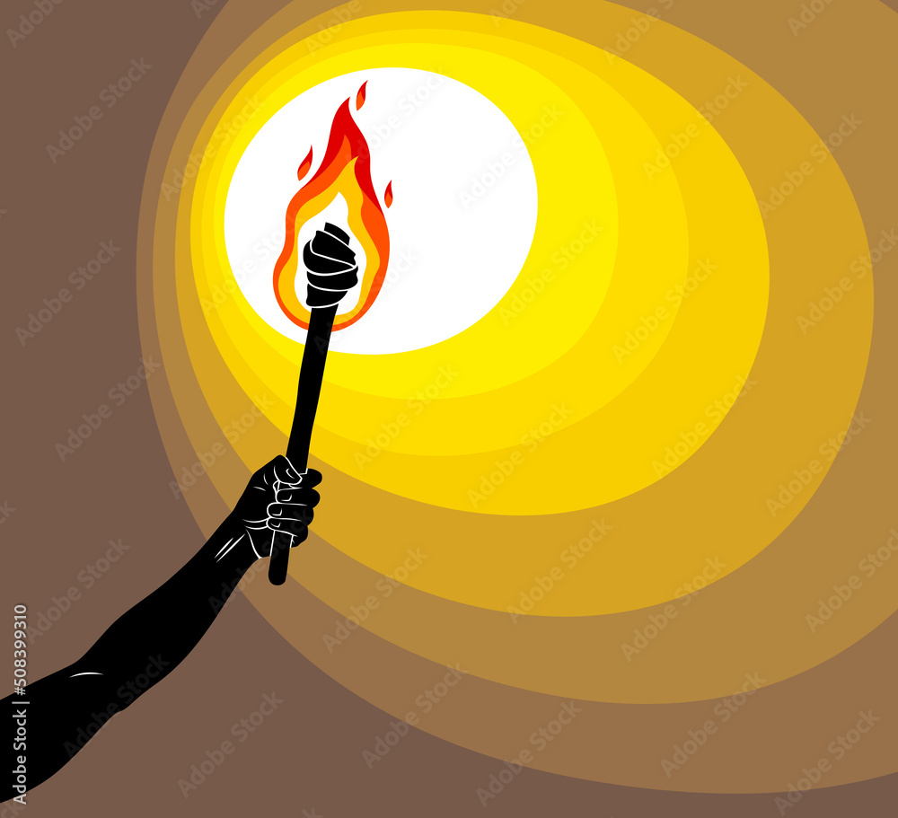 Torch in a hand raised up illuminates the dark vector illustration ...