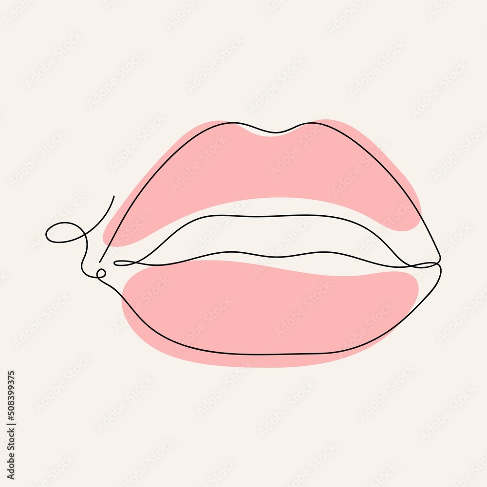 Continuous one Line drawing of Lips. Woman pink Lips logo for makeup ...