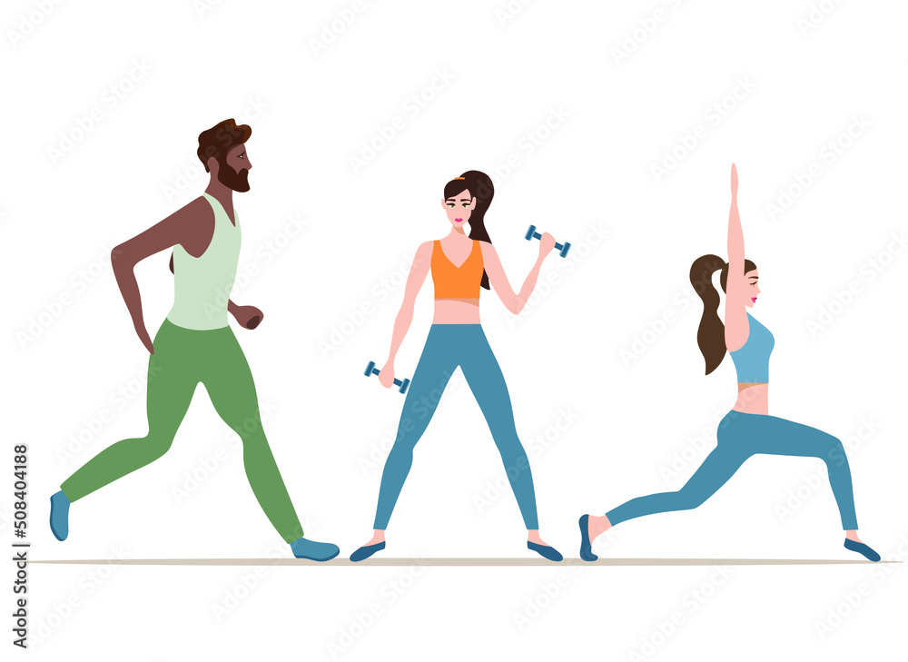 People do sport exercises, vector illustration set. Cartoon young man ...