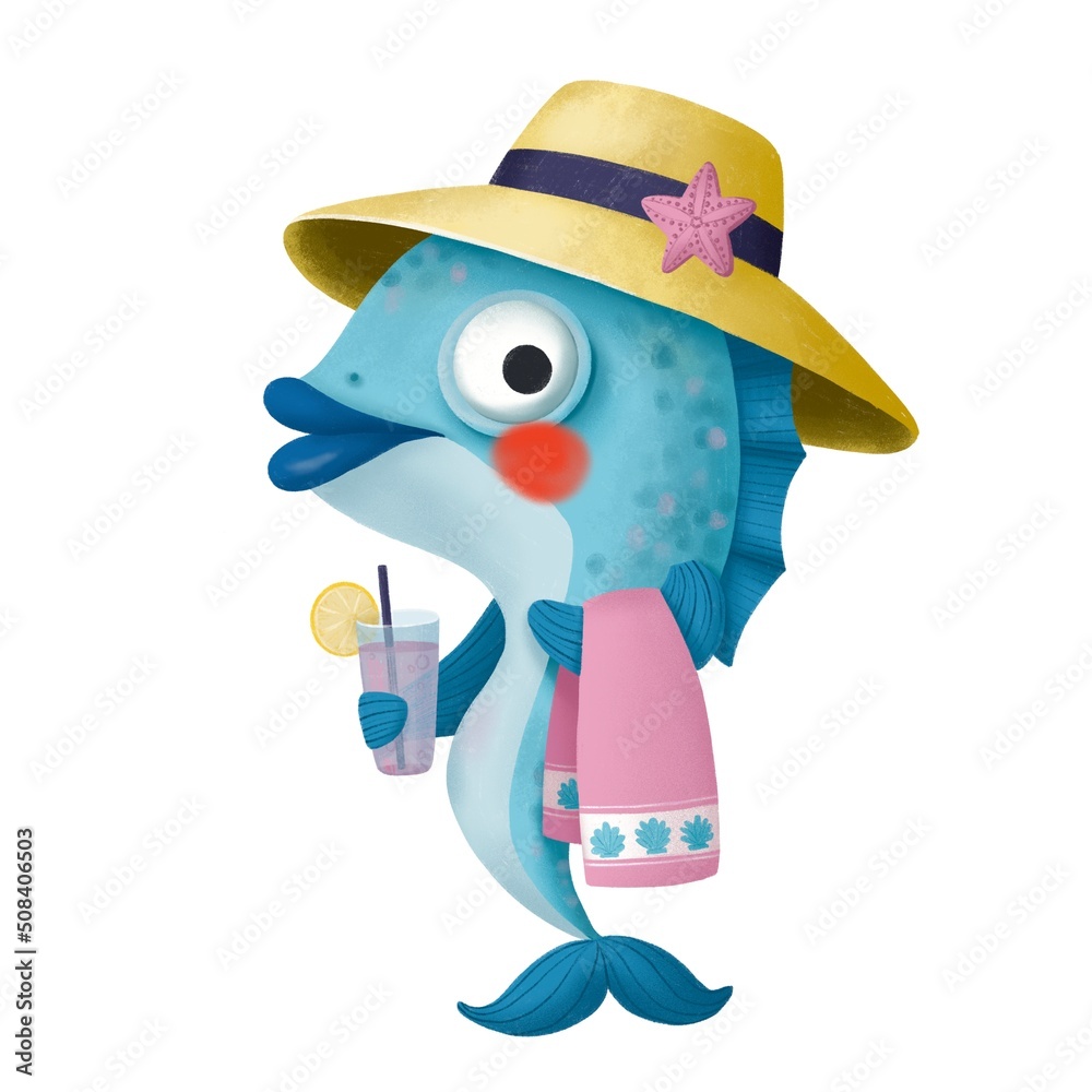 Cute cartoon fish in a straw hat and with a towel and a cocktail in her ...
