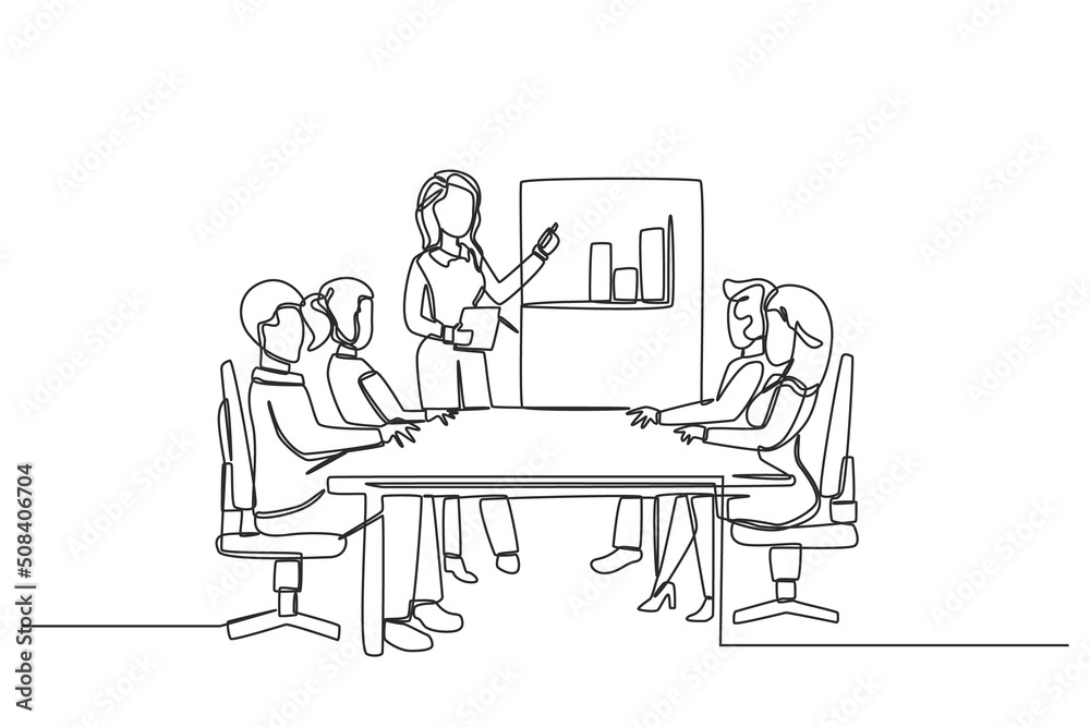 Continuous line drawing businesswoman speaks and shows graphics before ...