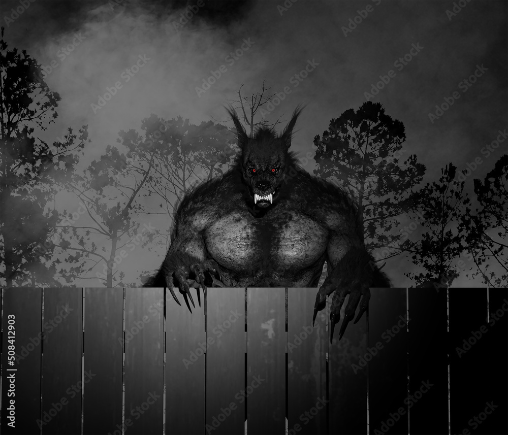 Werewolf or Dogman cryptid looking over a fence on a foggy night Stock ...