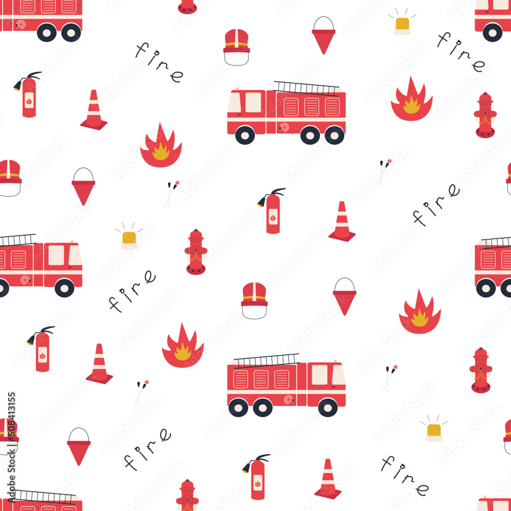 Hand drawn cartoon seamless firefighter pattern. Red toy fire truck ...