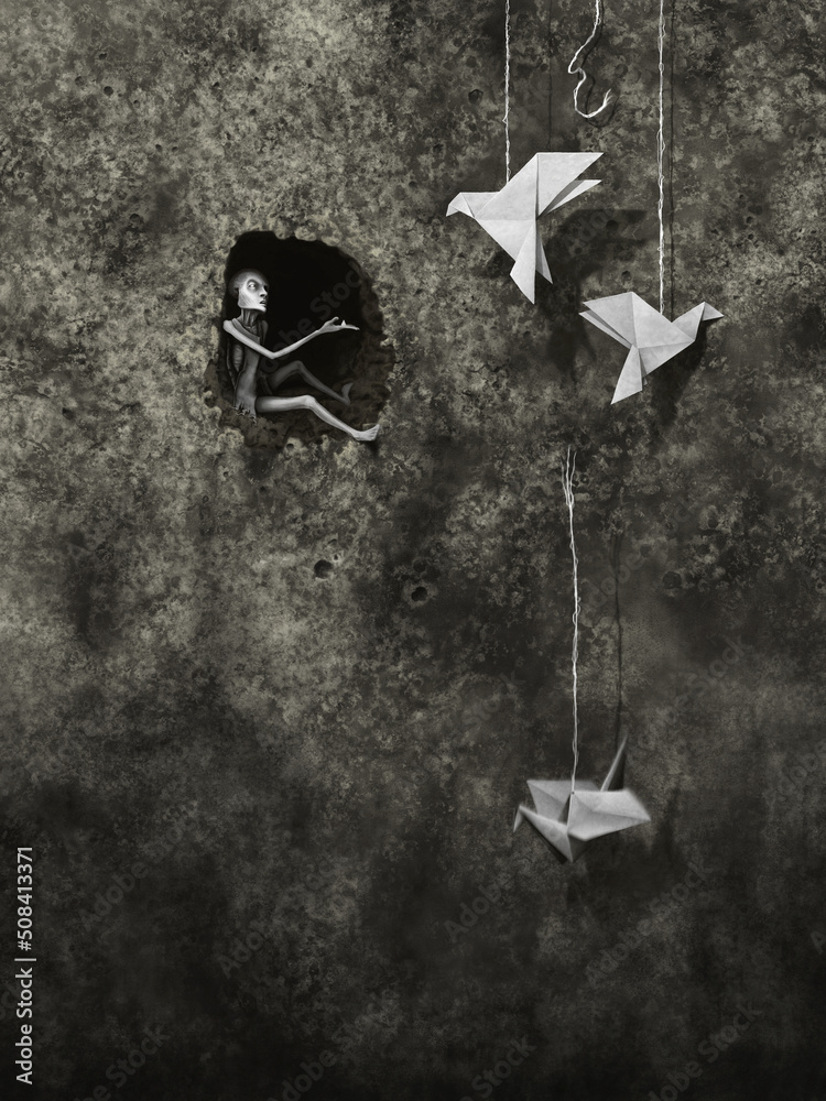 Depressed young man sitting alone isolated in a cave, Stressed person ...