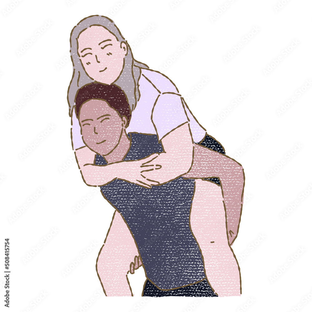Young happy couple cartoon character hugging, piggy back riding. Hand ...