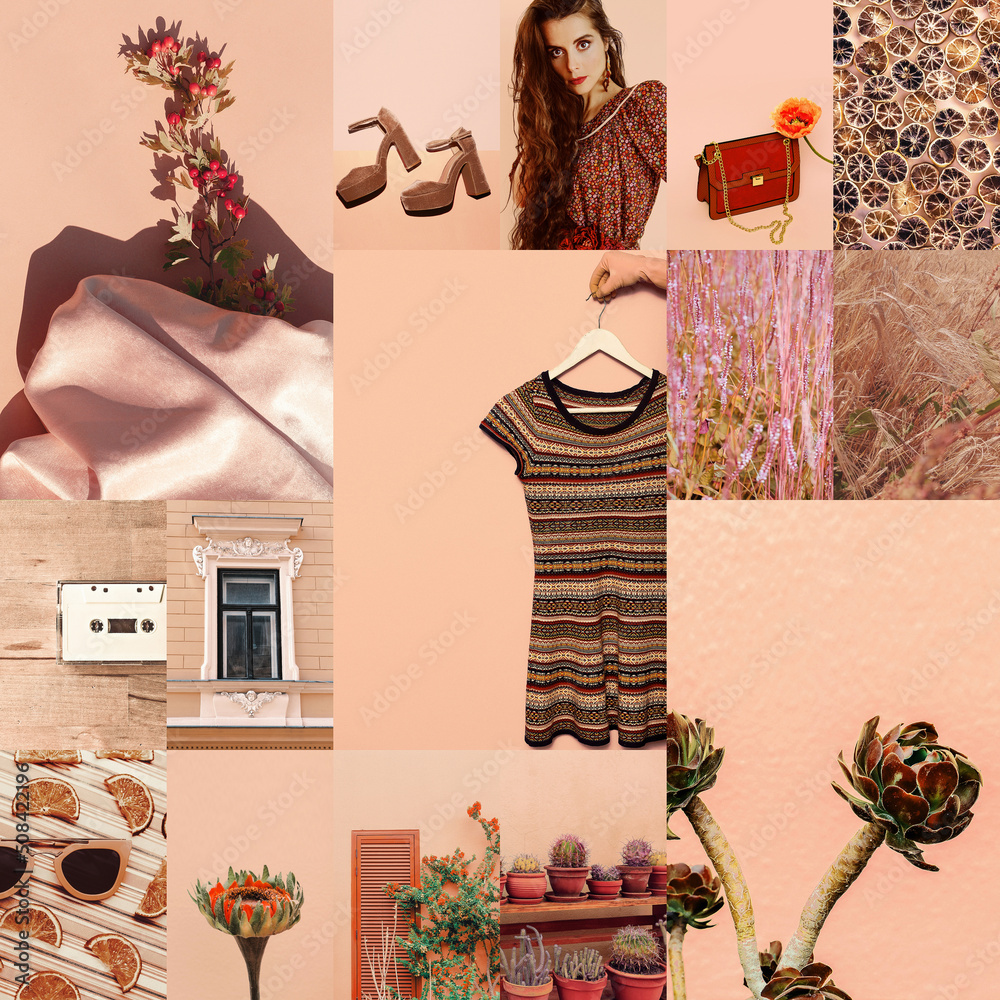 Set of trendy aesthetic photo collages. Minimalistic images of one top ...