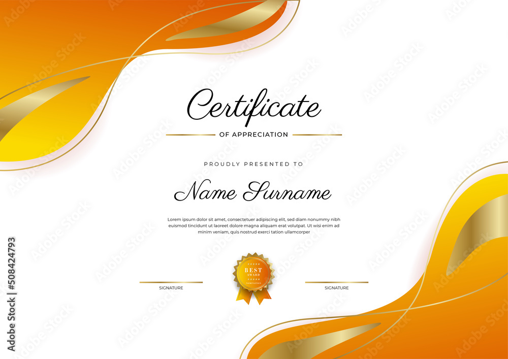 Certificate orange template with modern luxury pattern and golden lines. Vector illustration and ...