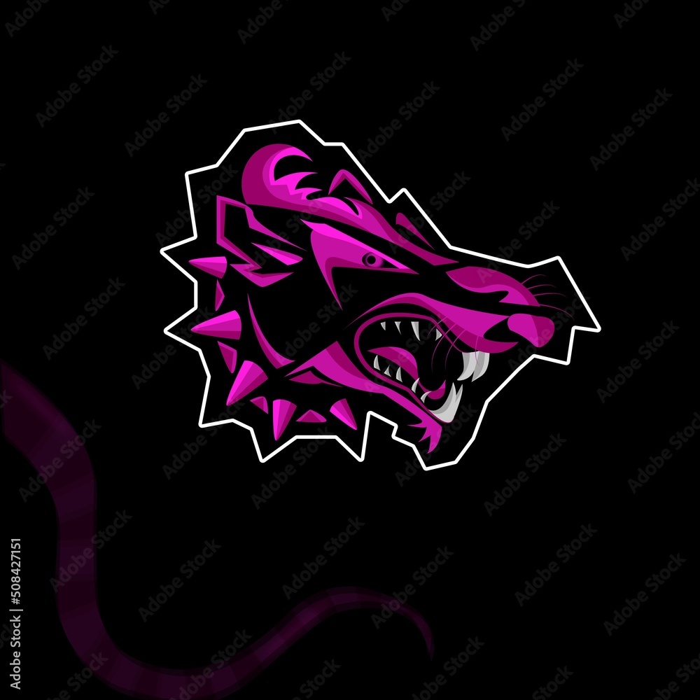 rat art, pink rat on a black background, aggressive rat, teeth, rat tail, talisman, avatar, icon ...