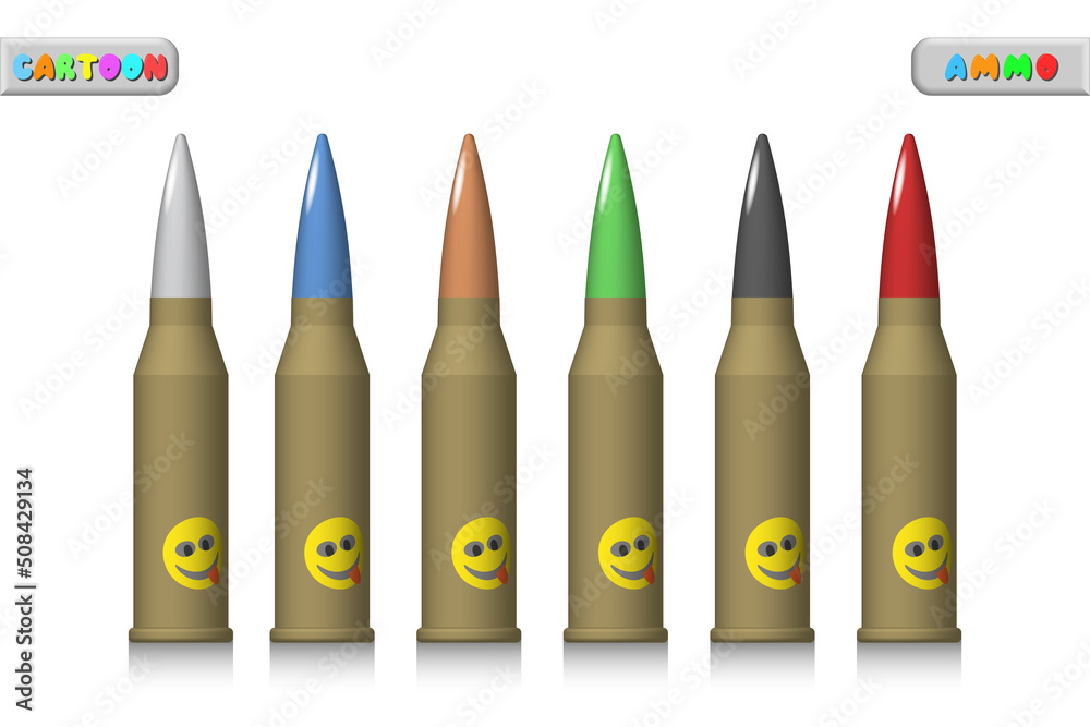 Vector cartoon set of cartridges with colorful bullets. Volumetric ...