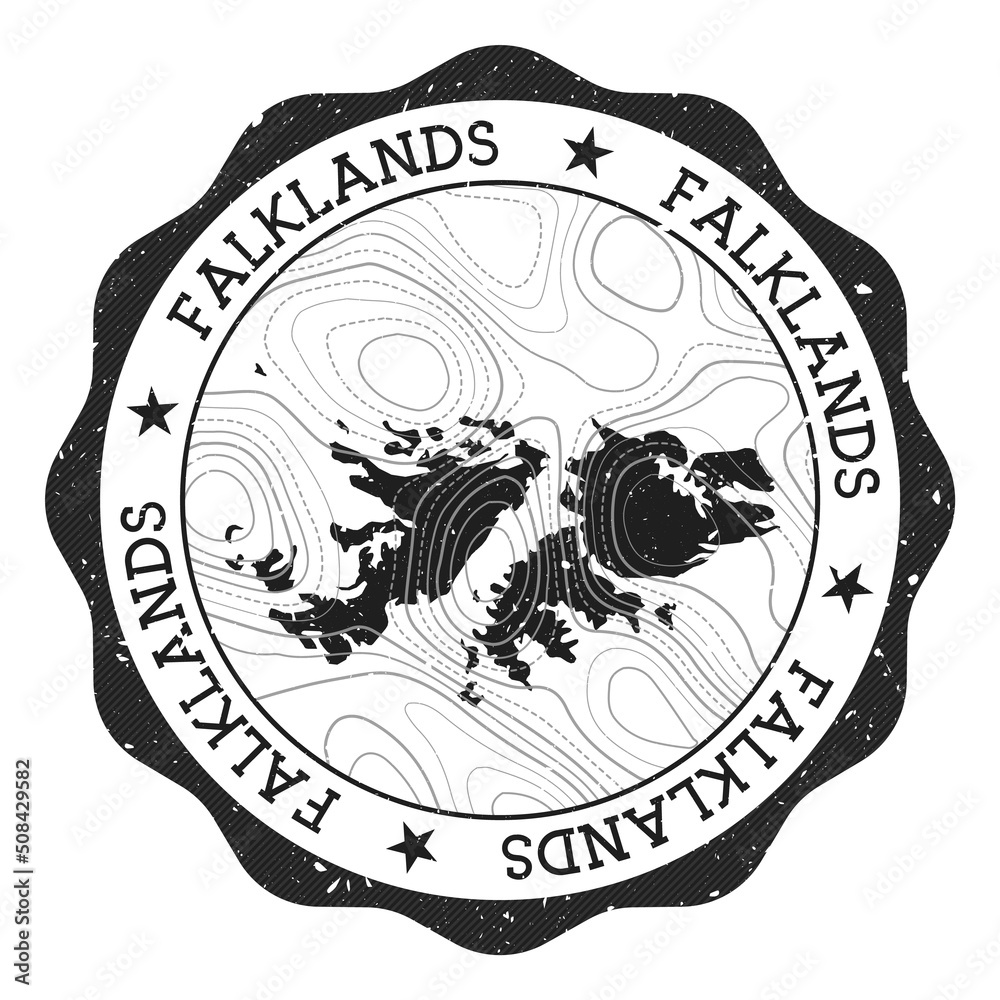 Falklands outdoor stamp. Round sticker with map of country with ...