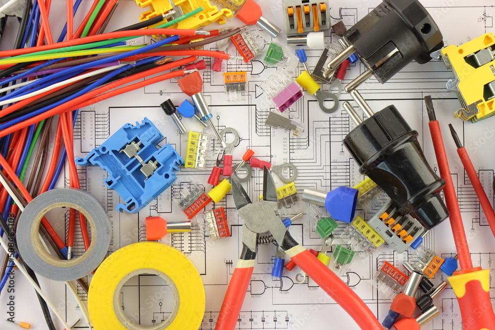 Tools for installing an electrical control panel in close-up on an ...