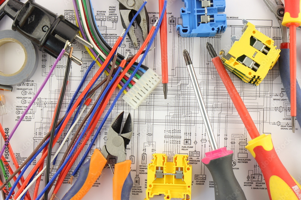 Tools for installing an electrical control panel in close-up on an ...