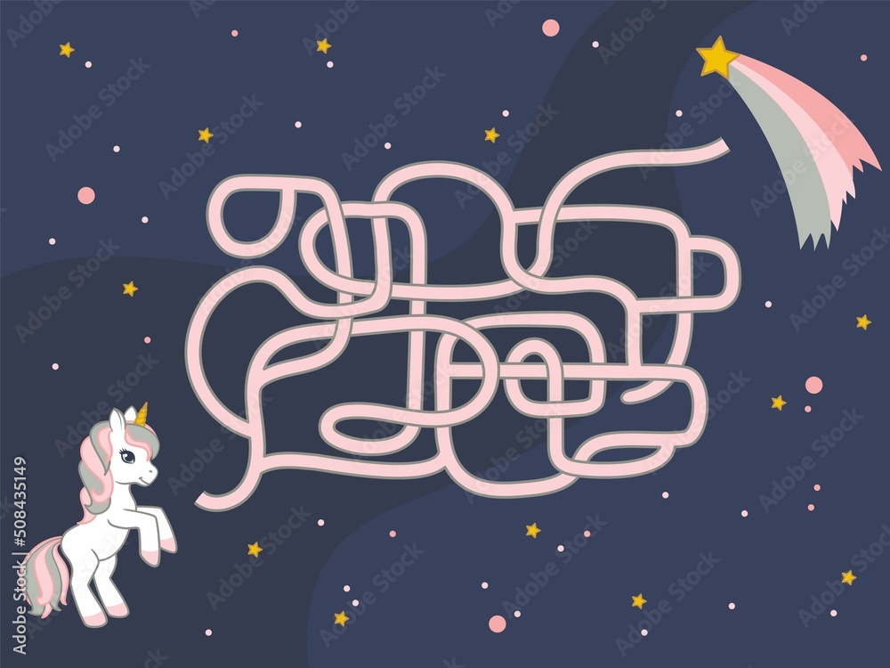 Children educational game with labyrinth cute unicorn and falling star ...