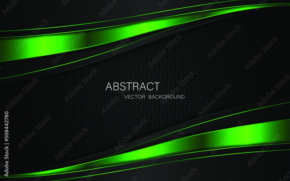 Abstract black and green curves on dark steel mesh background with free ...