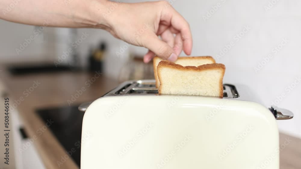 close up of hand are puting toasts bread in toaster in the kitchen ...