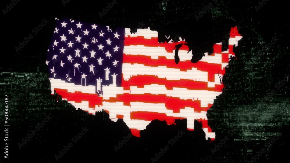Glitched United States of America flag in silhouette of USA map on ...