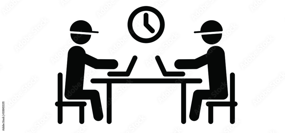 Vetor de Cartoon stickman, stick figure with table, laptop. Five a ...