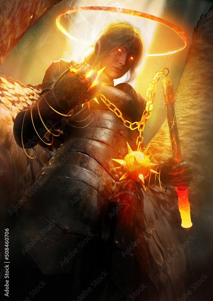 A beautiful mature angel woman in rusty plate armor squeezes the ball ...