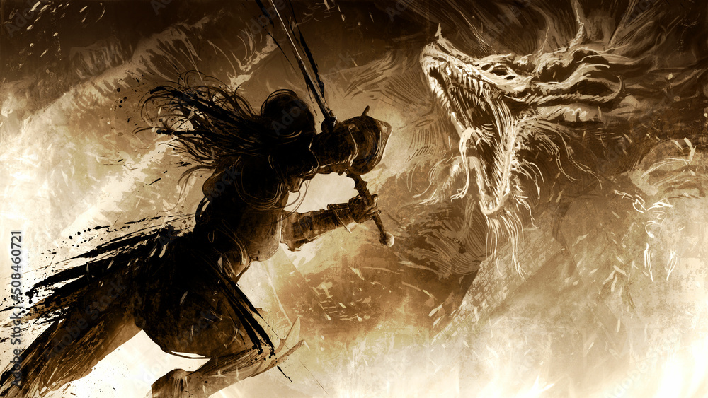 A beautiful female knight bravely and recklessly runs with a twohanded ...