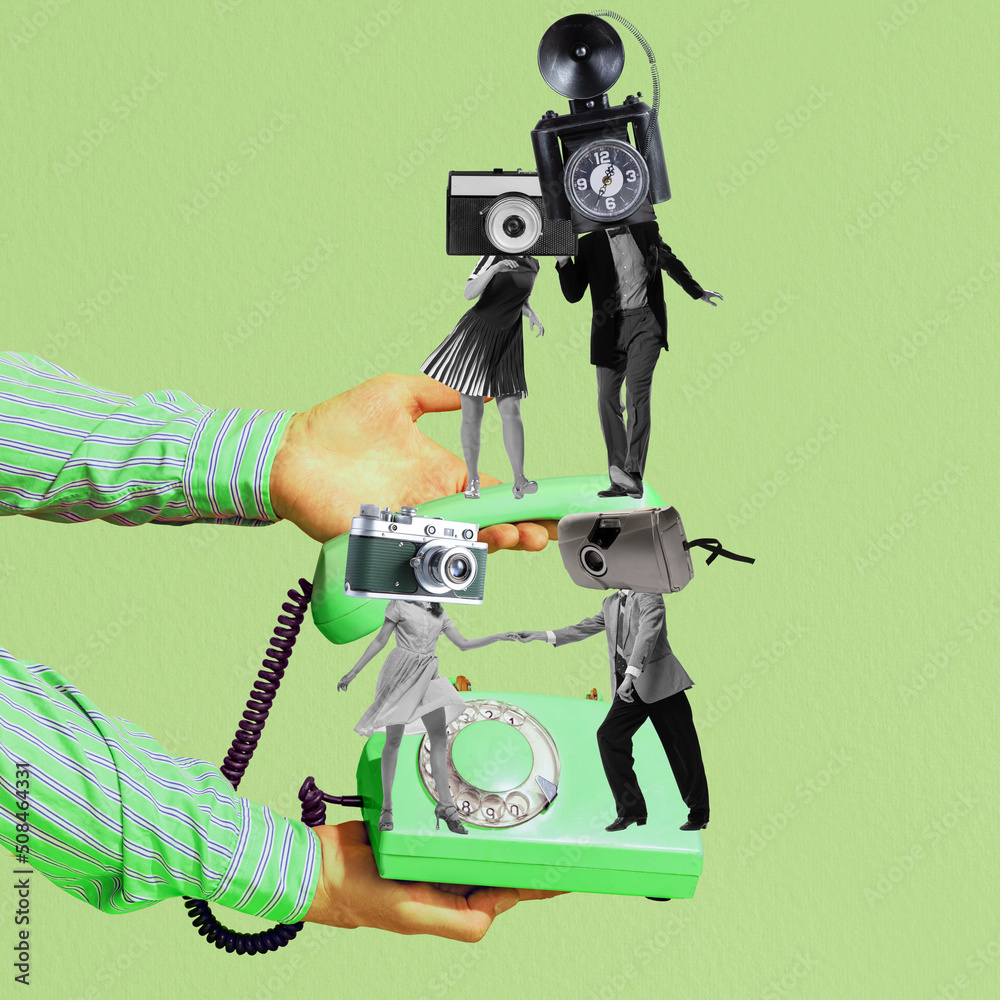 Contemporary art collage. People headed of vintage camers devices ...