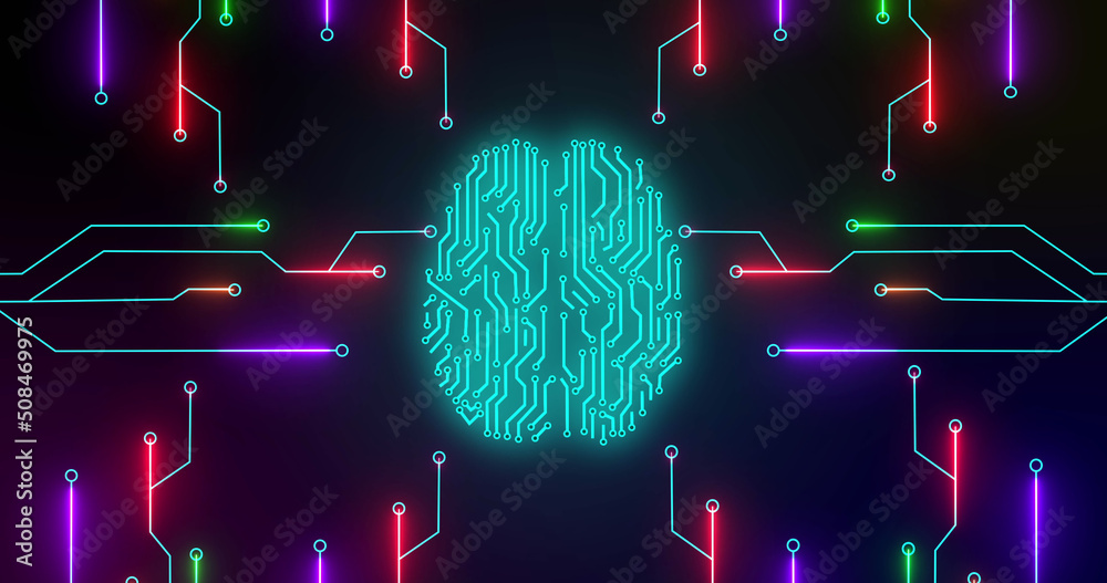 Image of green glowing human brain with computer mother board circuit ...