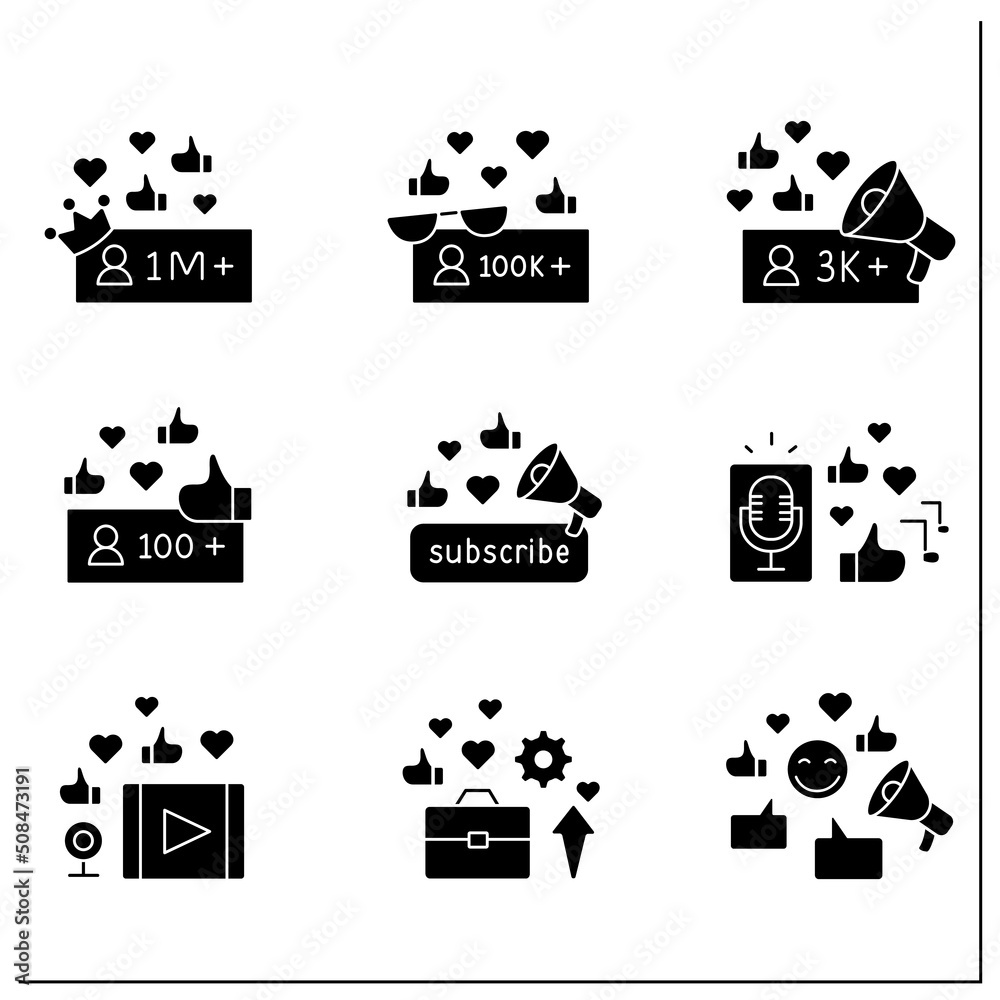 Influencer glyph icons set. Followers create podcasts and video content ...