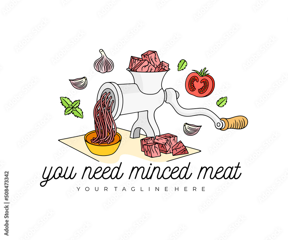 Meat grinder grind meat into mince meat, logo design. Food, meal ...