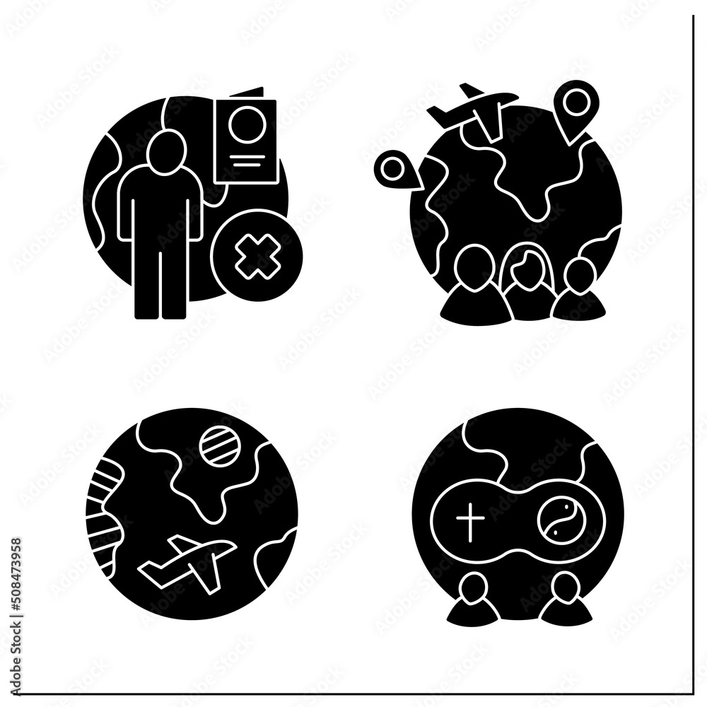 Migration glyph icons set. Stateless person, assimilation, diaspora ...
