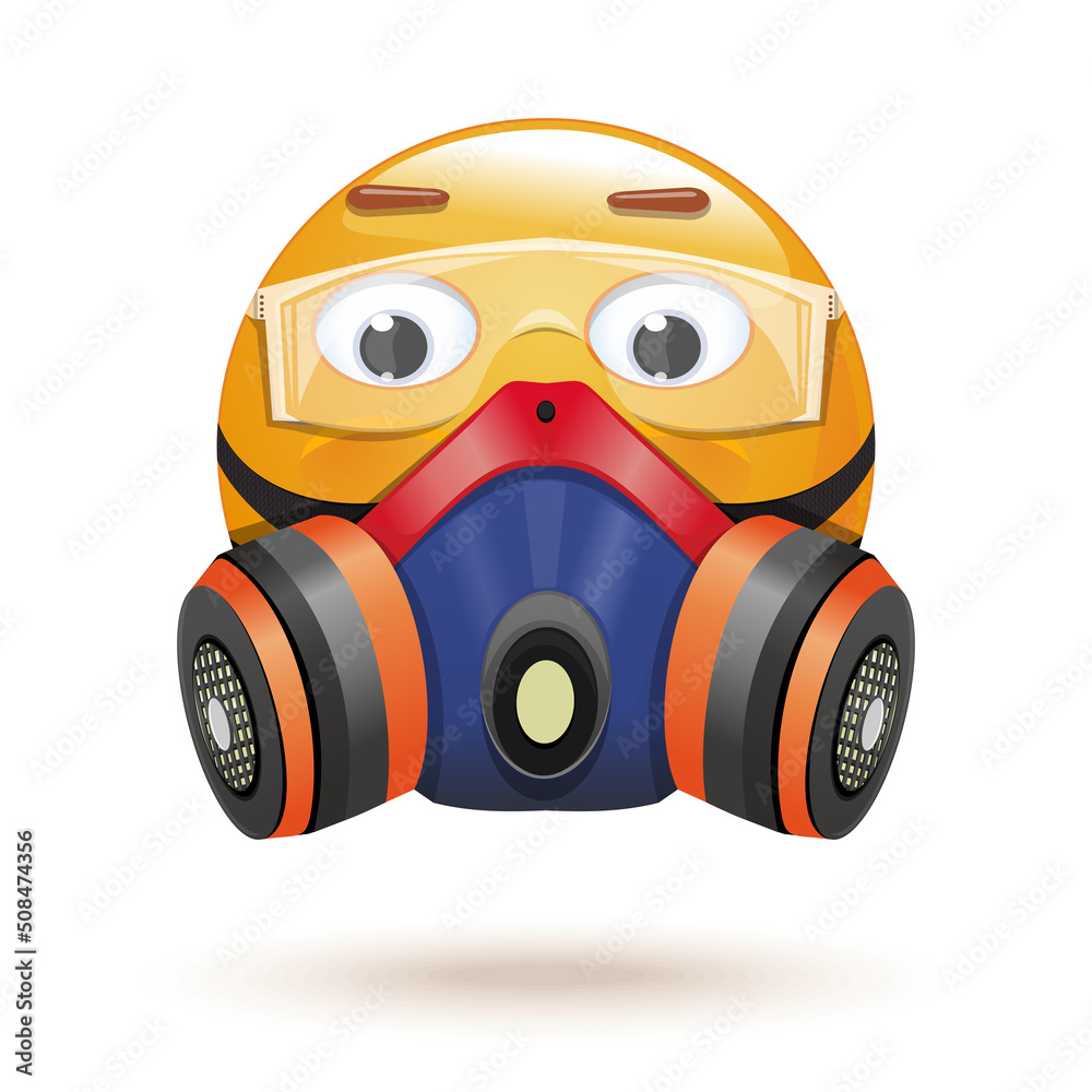 Emoticon in a respirator and protective glasses. Emoji in a gas mask ...