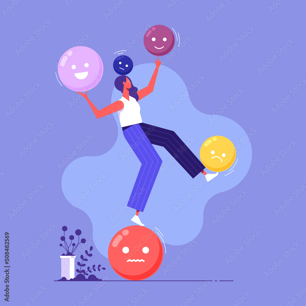 Emotional balance vector concept, female cartoon character standing ...