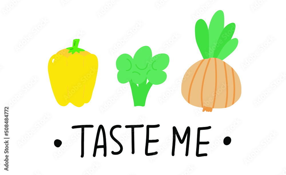 Taste me. Funny food puns phrase with paprika, broccoli, onion. Hand ...