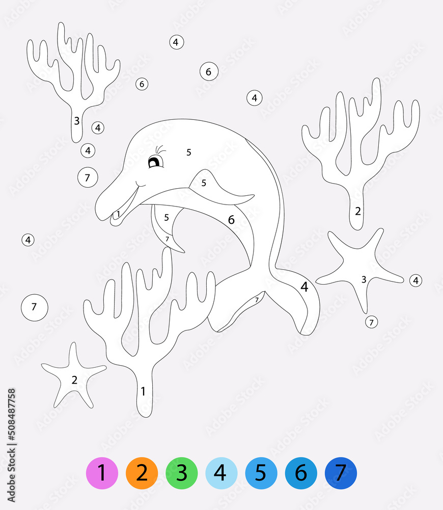Dolphin coloring page. Coloring book with animal for kids with numbers ...
