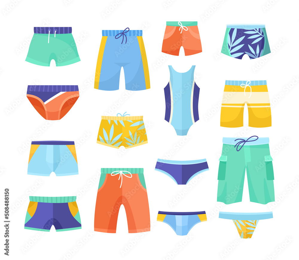 Different male swimwear vector illustrations set. Collection of cartoon ...
