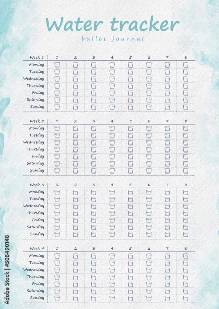 Water Tracker Bullet Journal - Printable A4 Sheet Stock Illustration ...