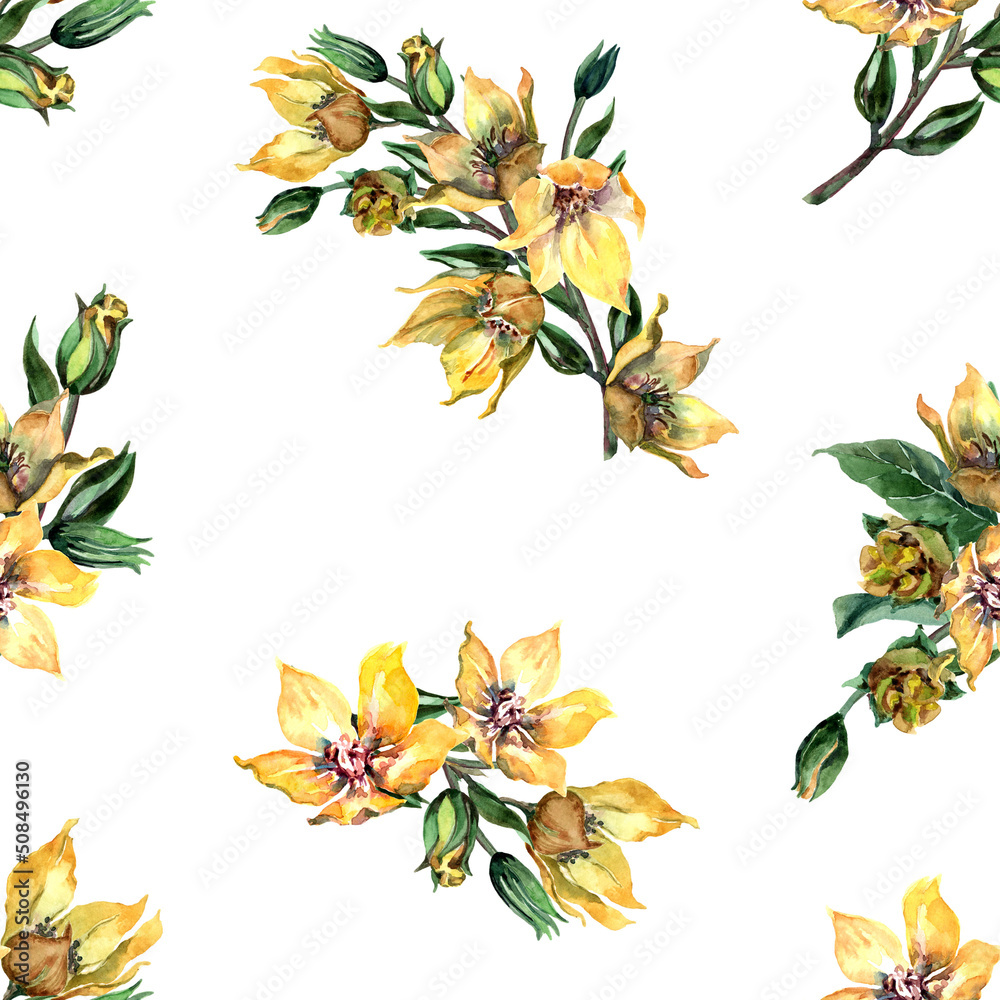 Seamless floral pattern bunches of yellow spring loosestrife flowers ...