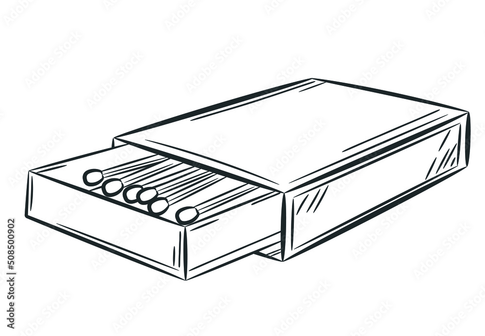 Vetor de Cardboard matchbox with matches. Doodle sketch style. A simple ...