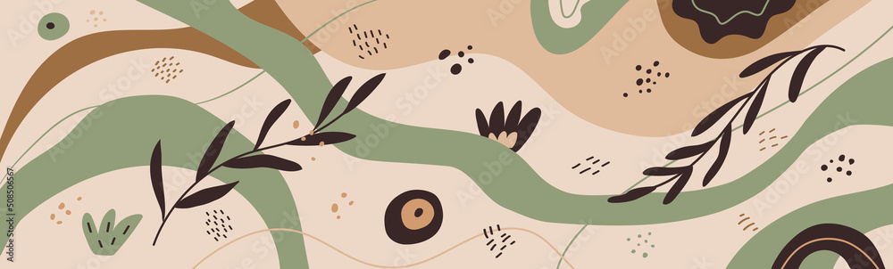 Abstract long banner with organic shapes and natural elements, with ...