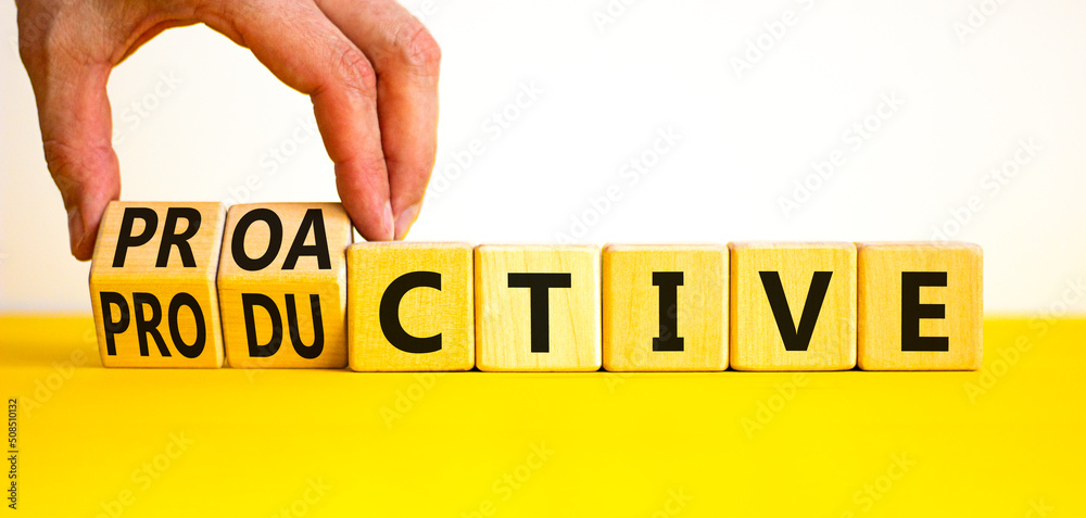 Proactive and productive symbol. Businessman turns cubes and changes ...