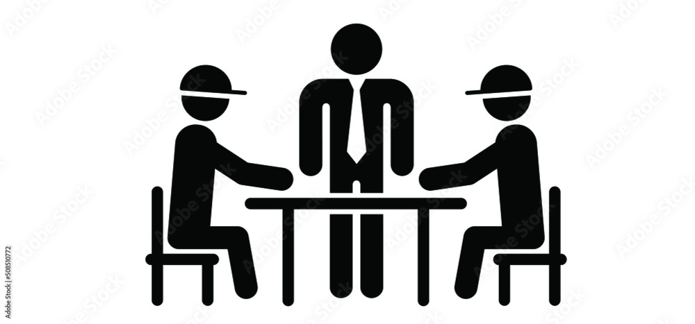 Cartoon stickman, stick figure. the people are talking at the table, or ...