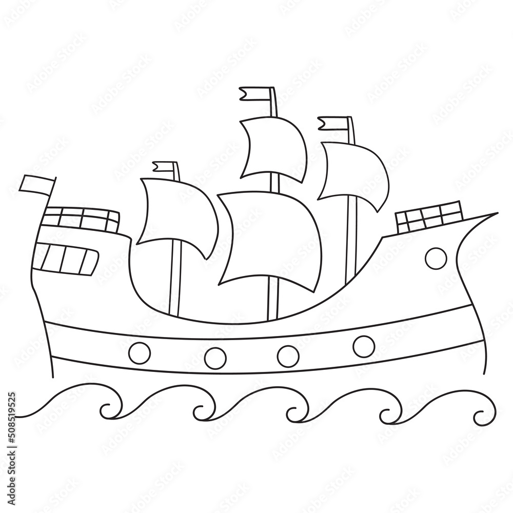 Cartoon ship for sea.Sailing ship. Doodle sketch style .Isolated on ...